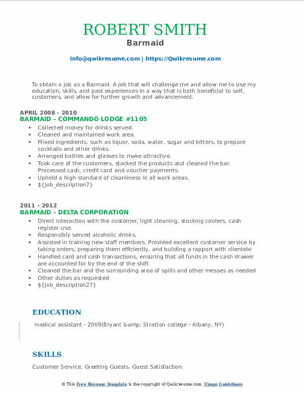 Barmaid Resume Samples | QwikResume