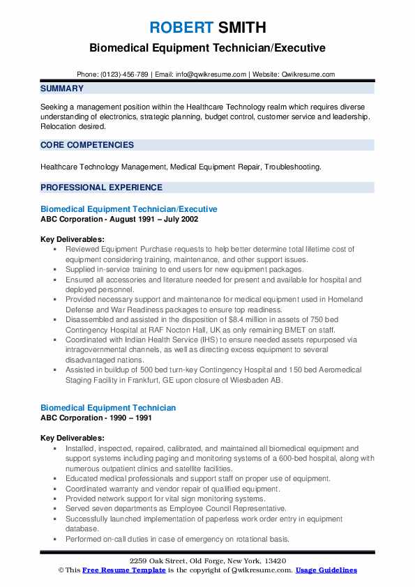 Biomedical Equipment Technician Resume Samples | QwikResume