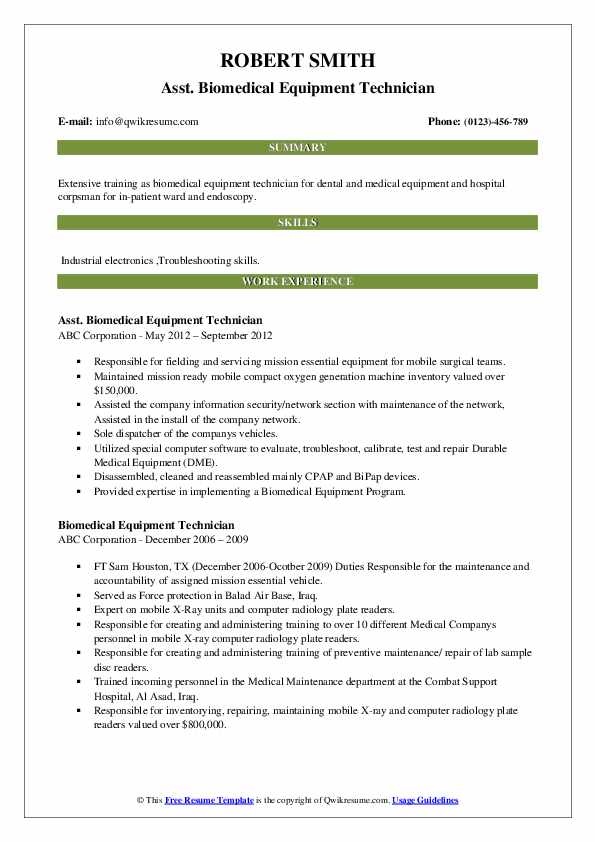 Biomedical Equipment Technician Resume Samples | QwikResume