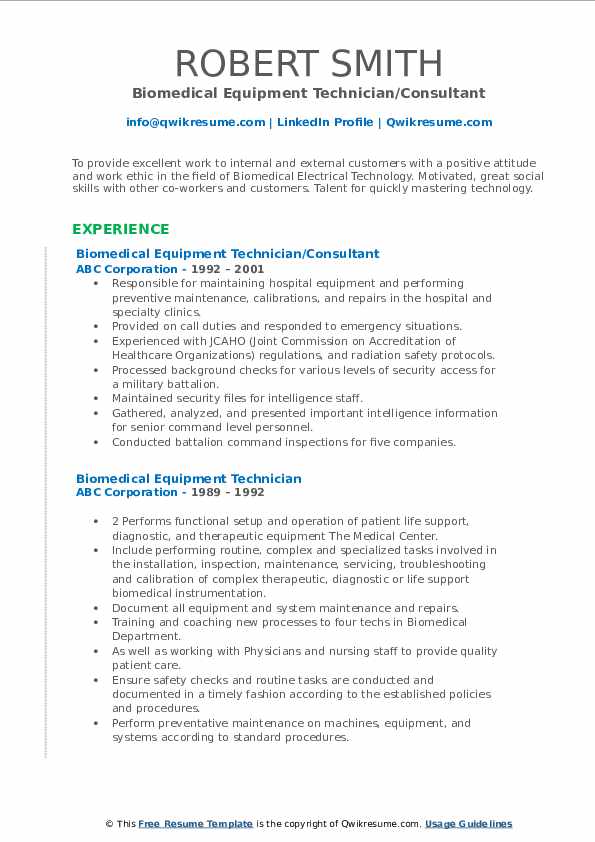 Biomedical Equipment Technician Resume Samples | QwikResume
