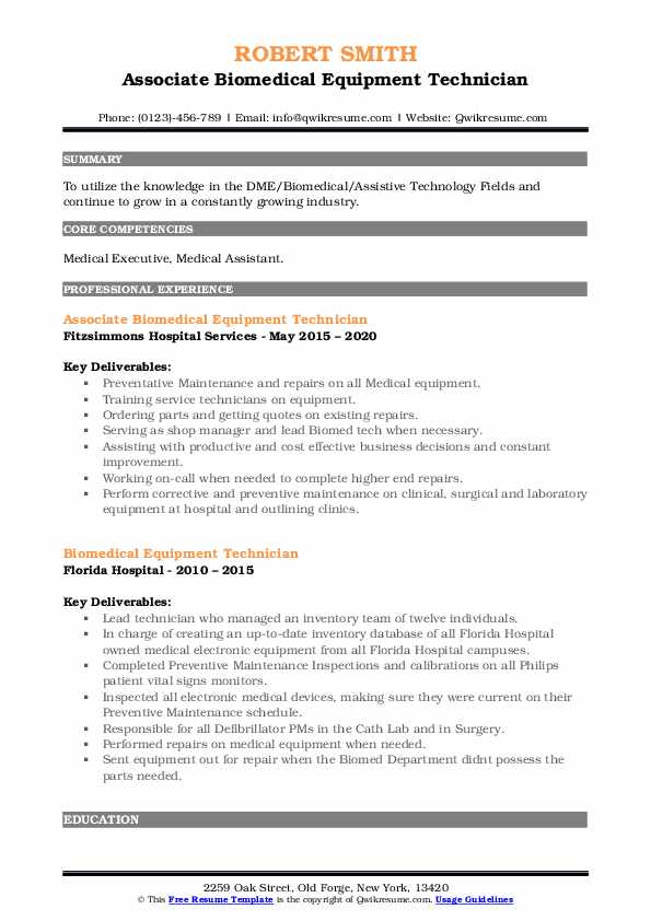 Biomedical Equipment Technician Resume Samples | QwikResume