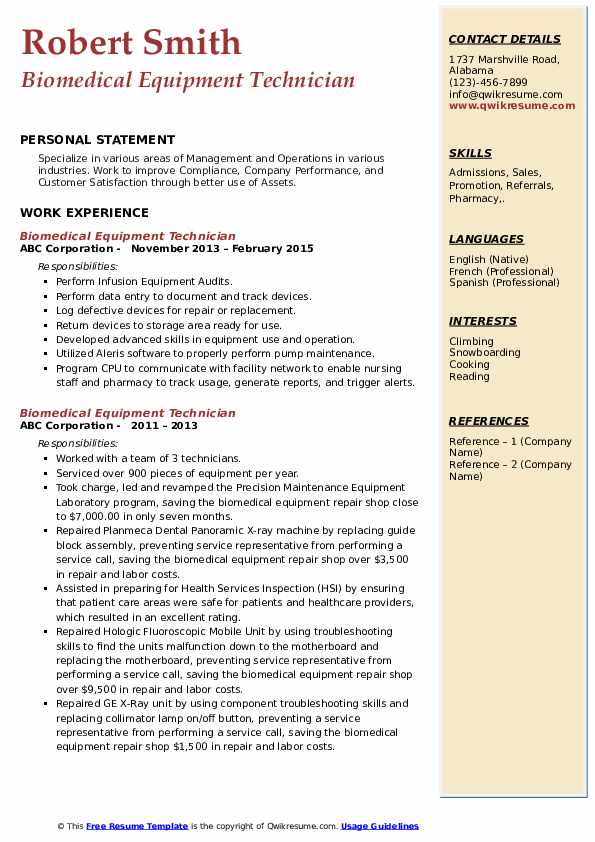 Biomedical Equipment Technician Resume Samples | QwikResume