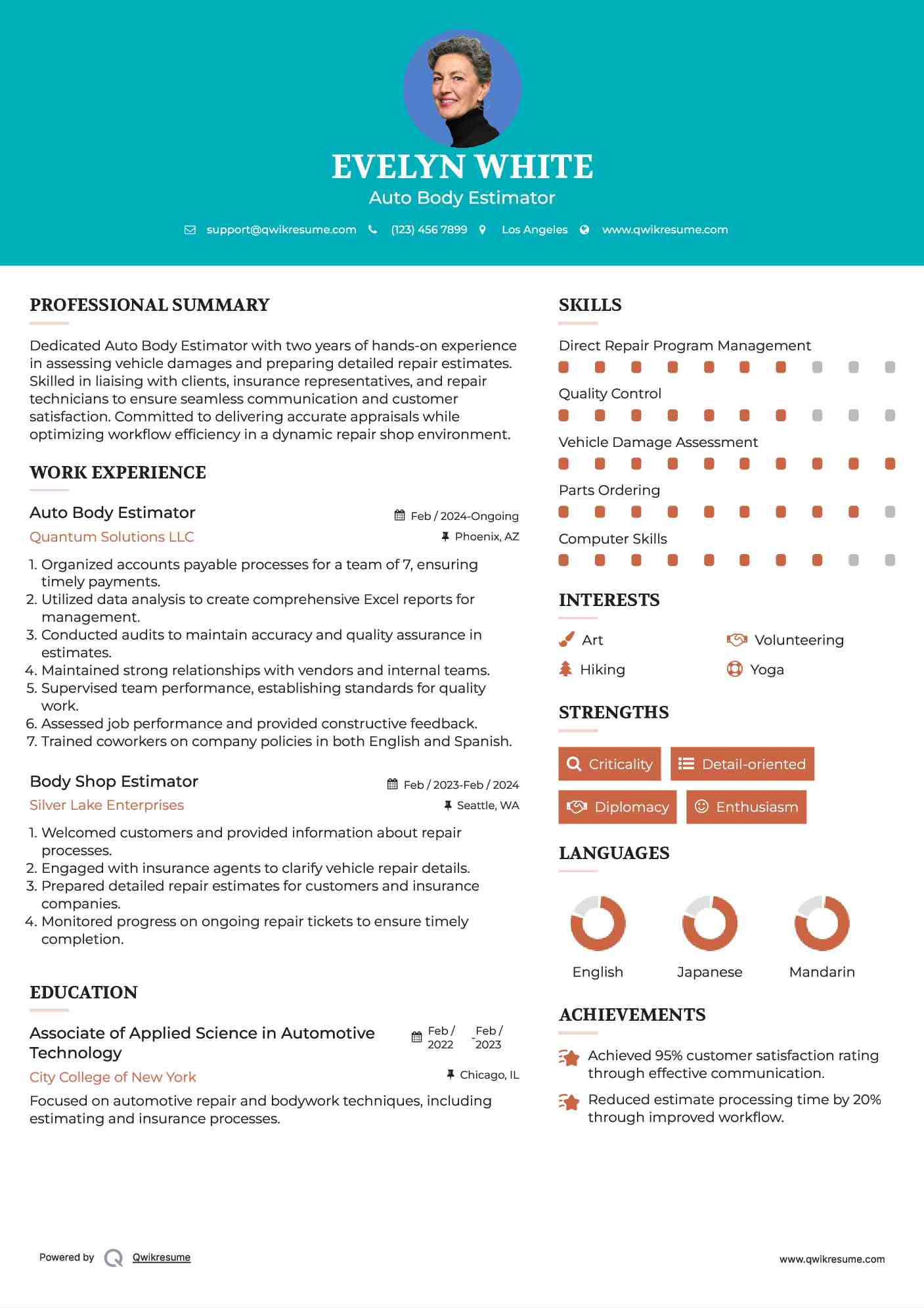 Body Shop Estimator Resume Samples QwikResume