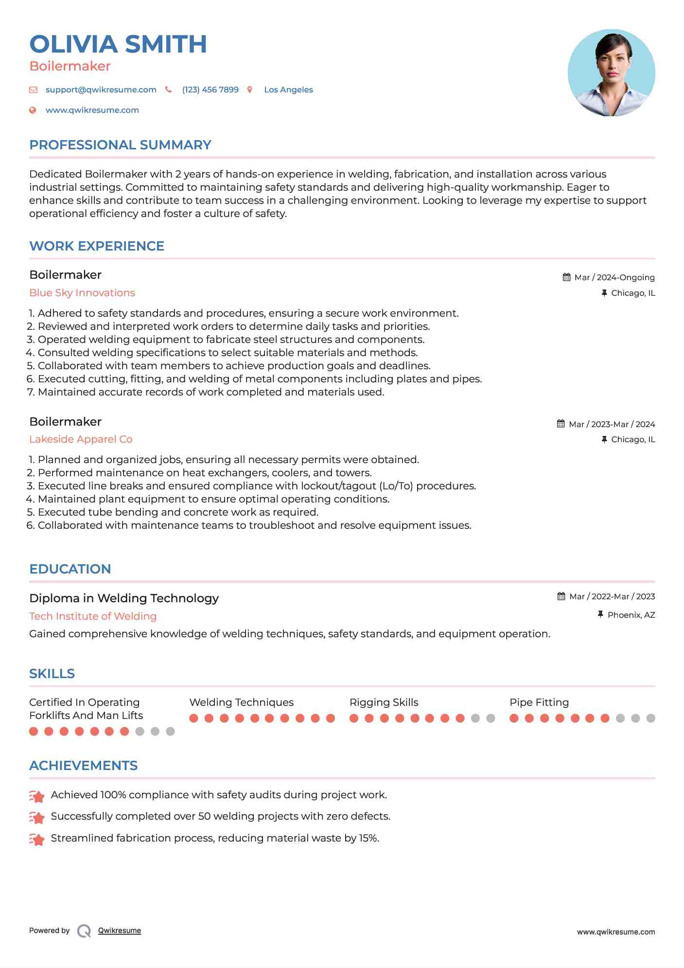 Boilermaker Resume Samples QwikResume