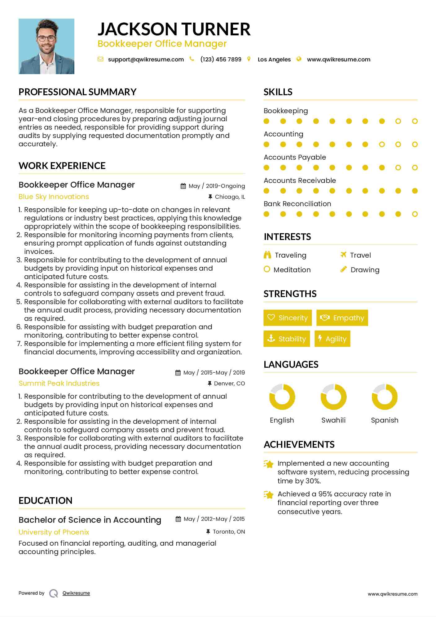 Bookkeeper Office Manager Resume Samples | QwikResume
