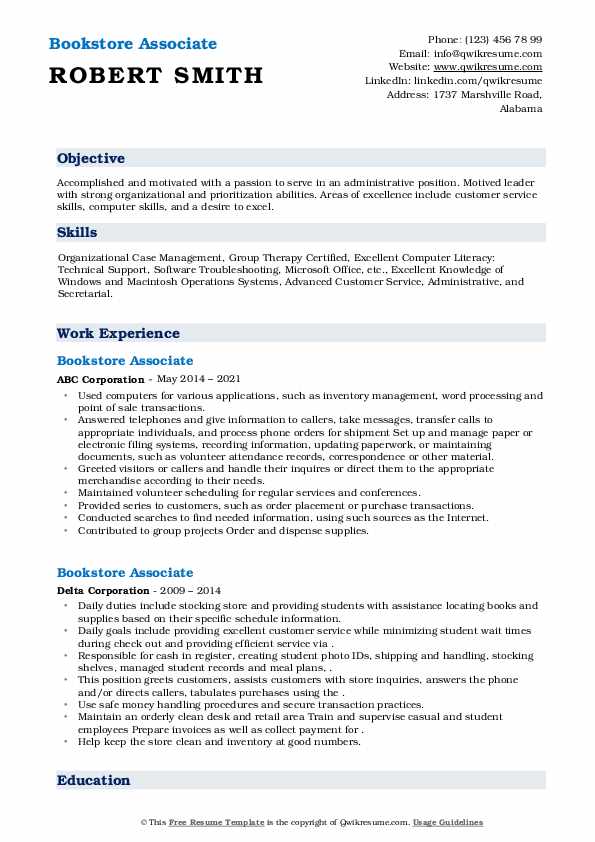 Bookstore Associate Resume Samples | QwikResume