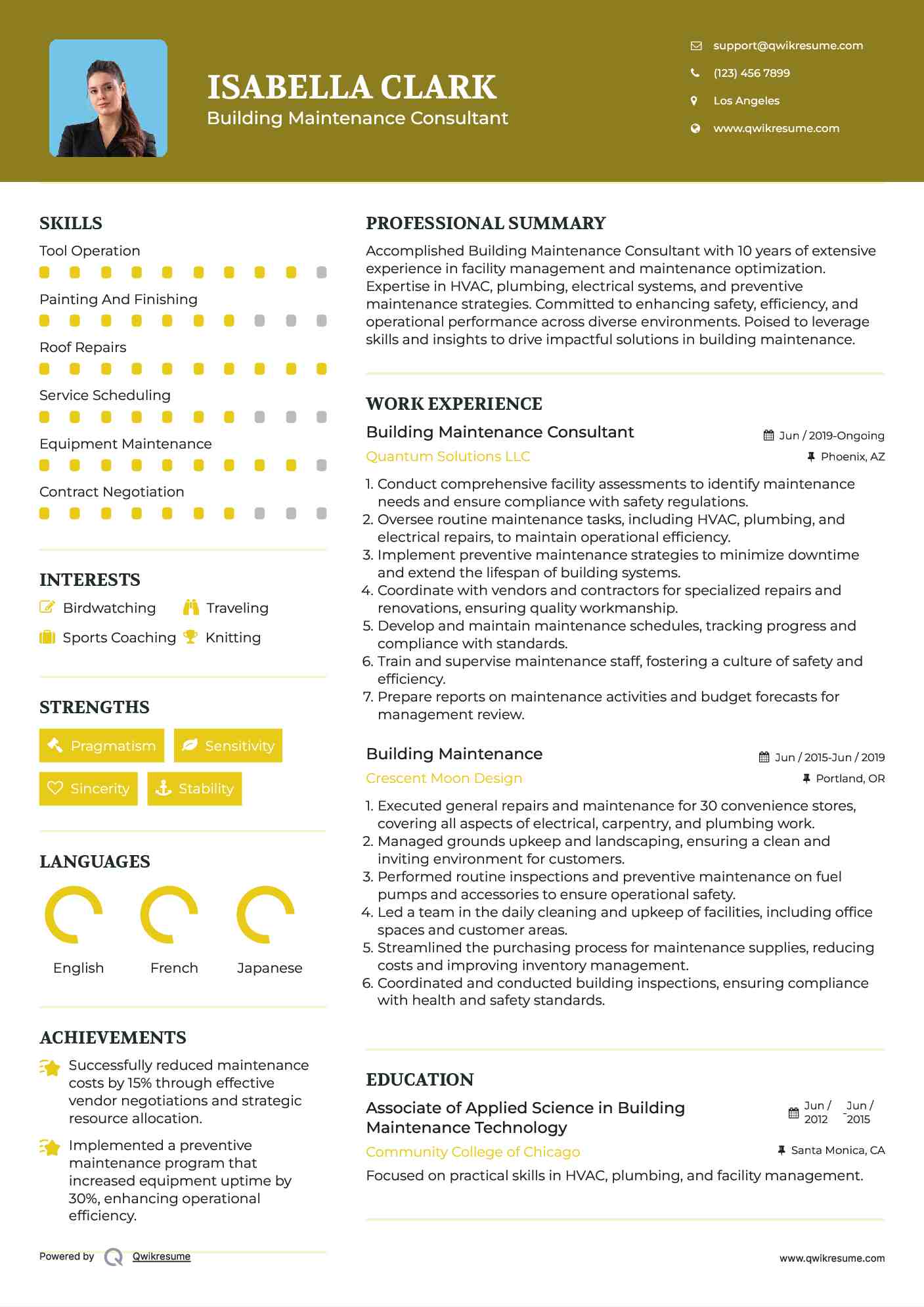 Building Maintenance Resume Samples QwikResume