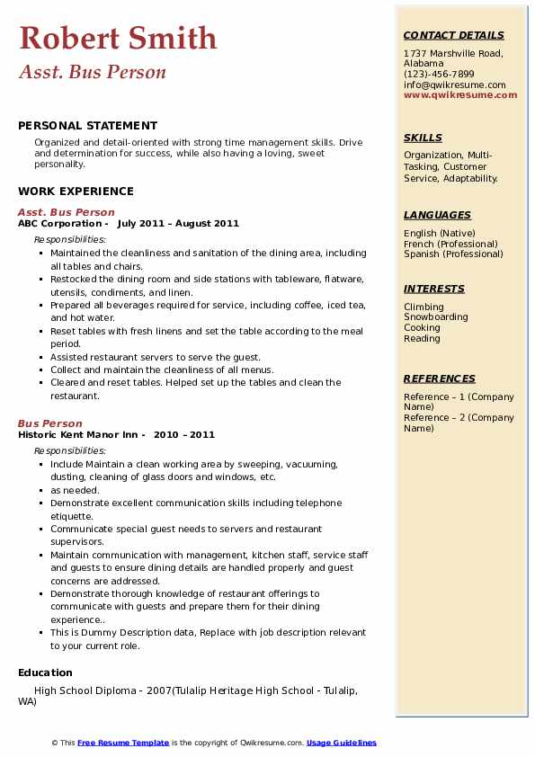 Bus Person Resume Samples | QwikResume