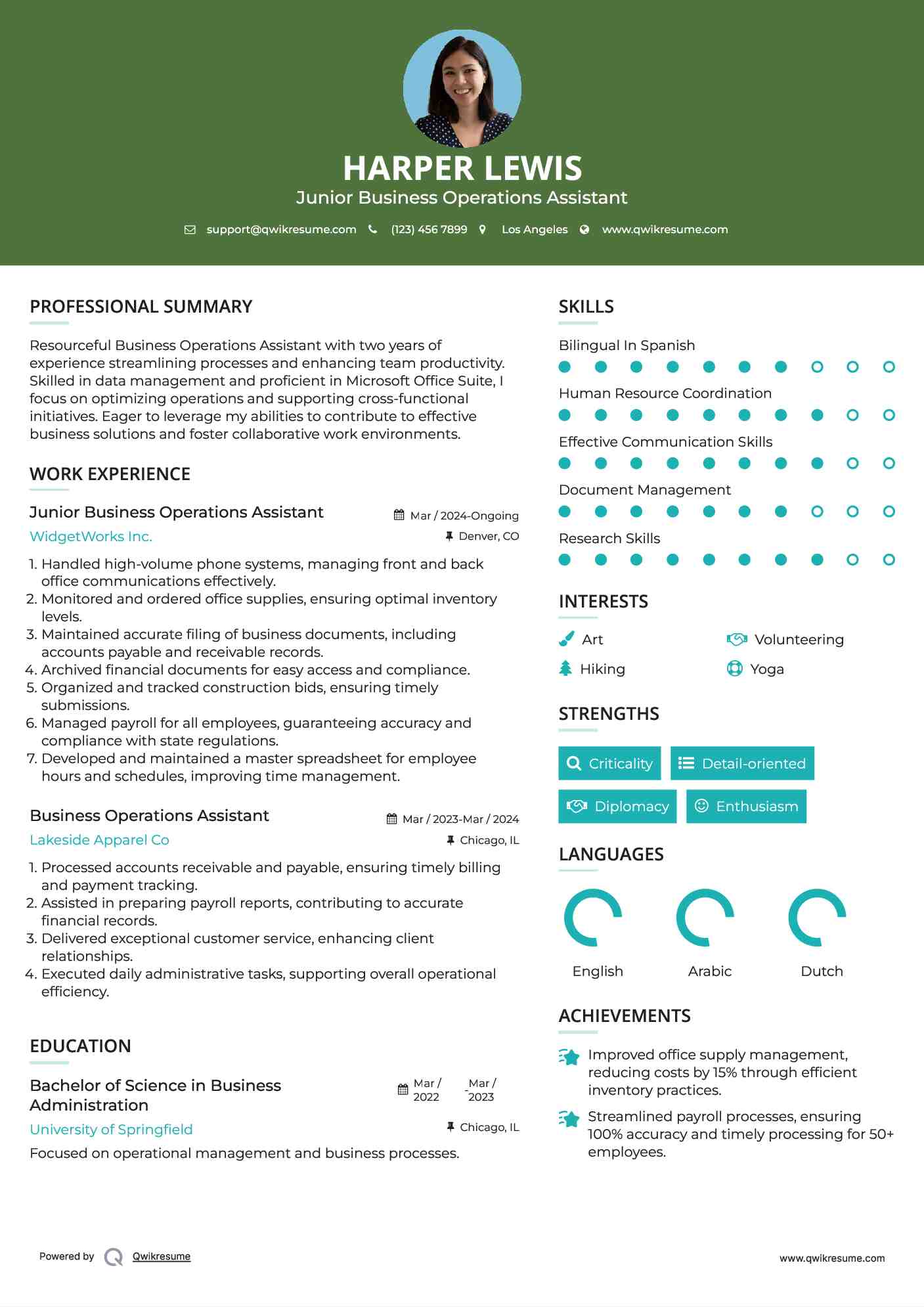 Business Operations Assistant Resume Samples QwikResume