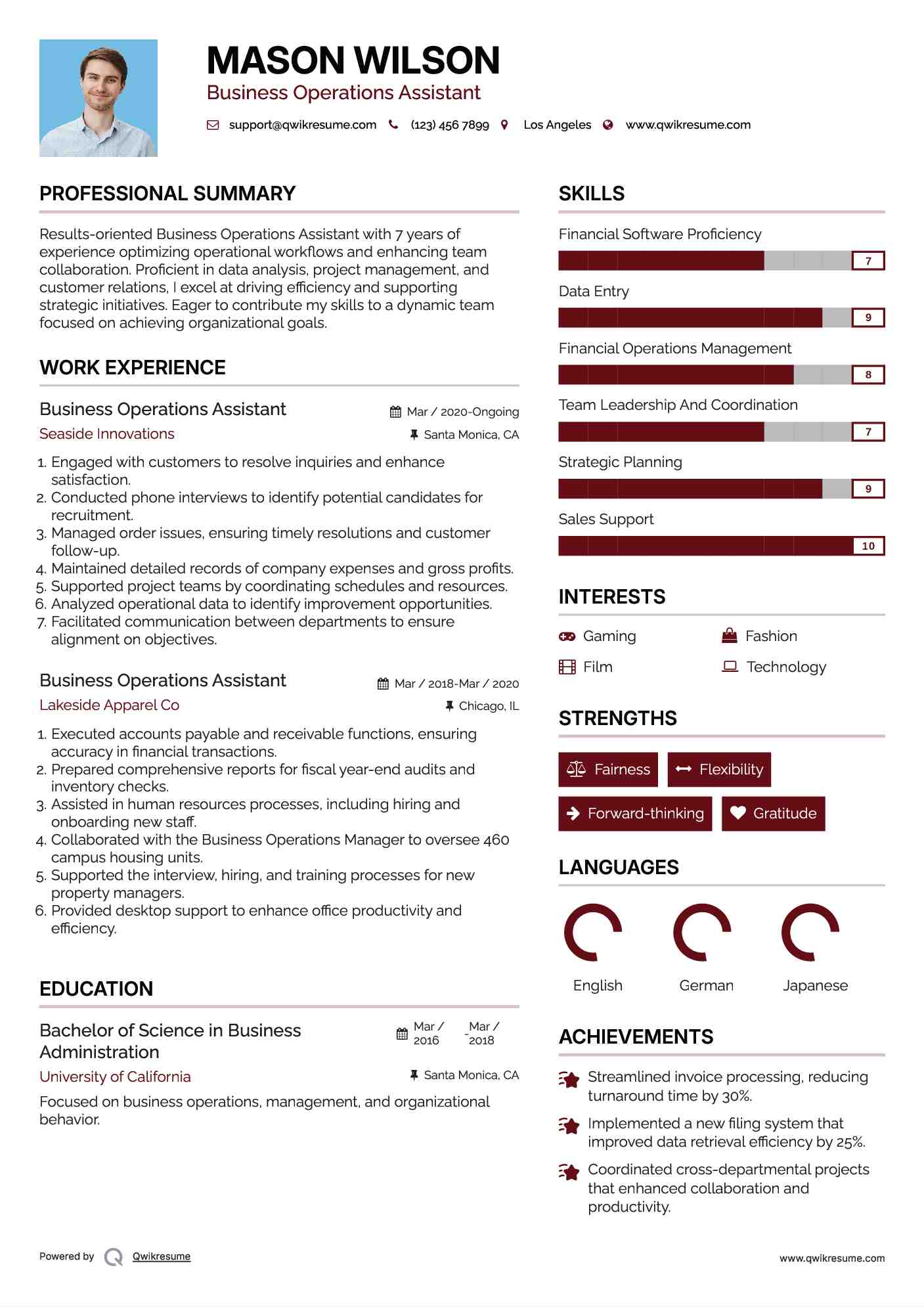 Business Operations Assistant Resume Samples QwikResume