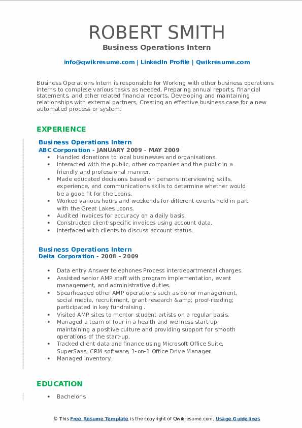 Business Operations Intern Resume Samples | QwikResume