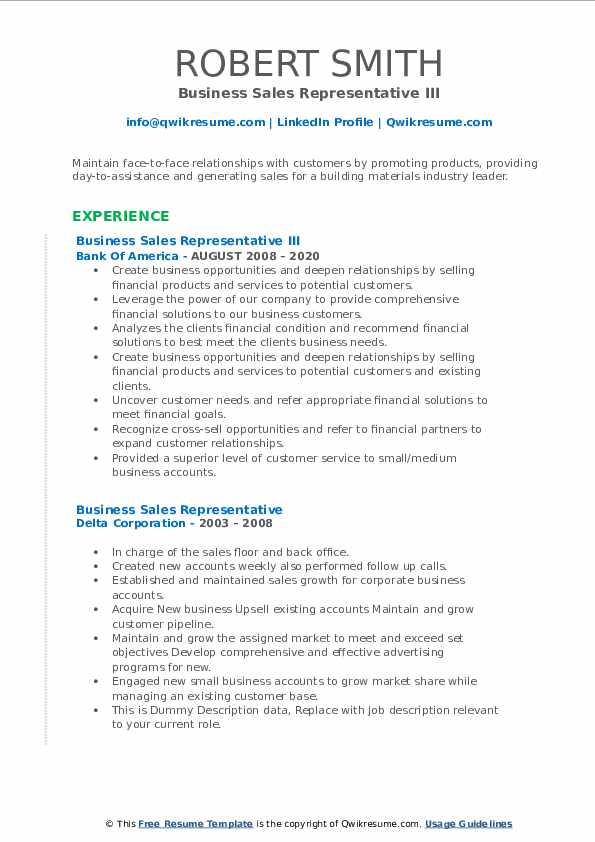 Business Sales Representative Resume Samples | QwikResume