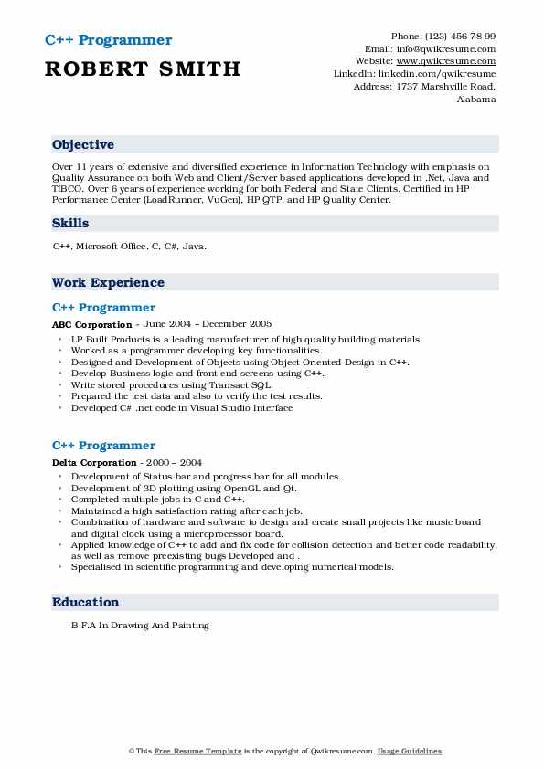C Programmer Resume Samples | QwikResume