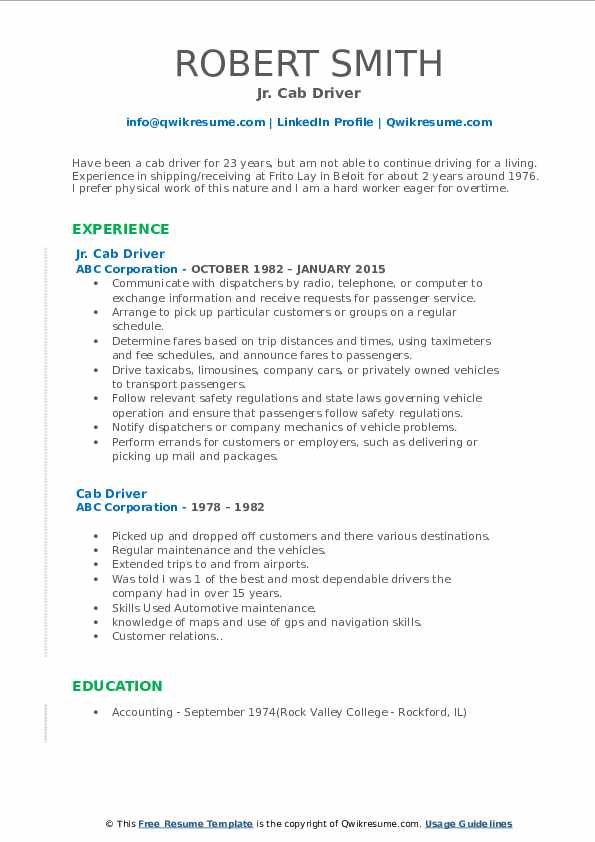 Cab Driver Resume Samples | QwikResume