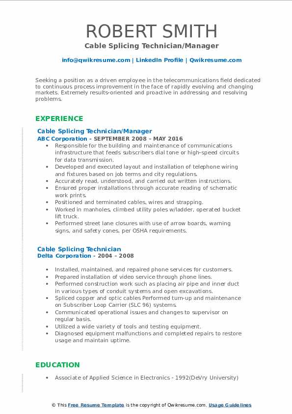Cable Technician Resume