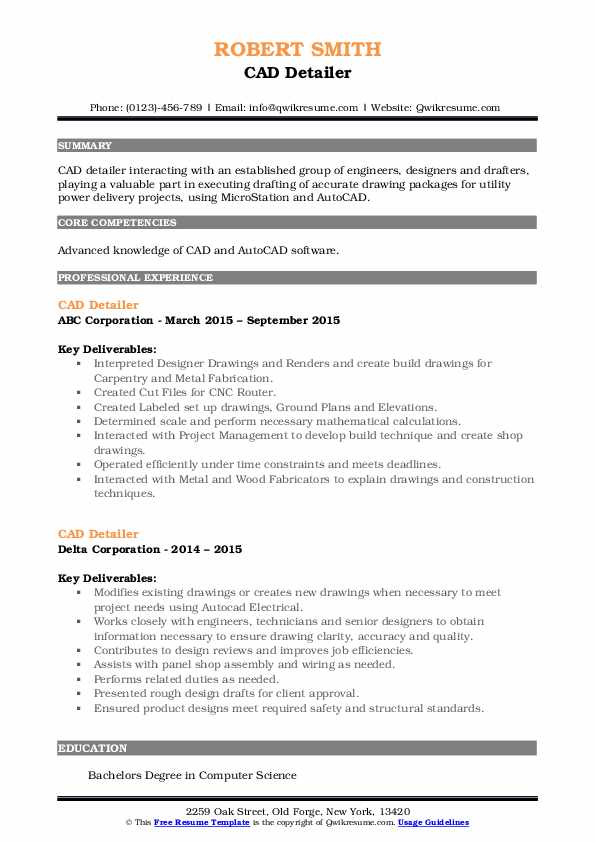 CAD Detailer Resume Samples | QwikResume