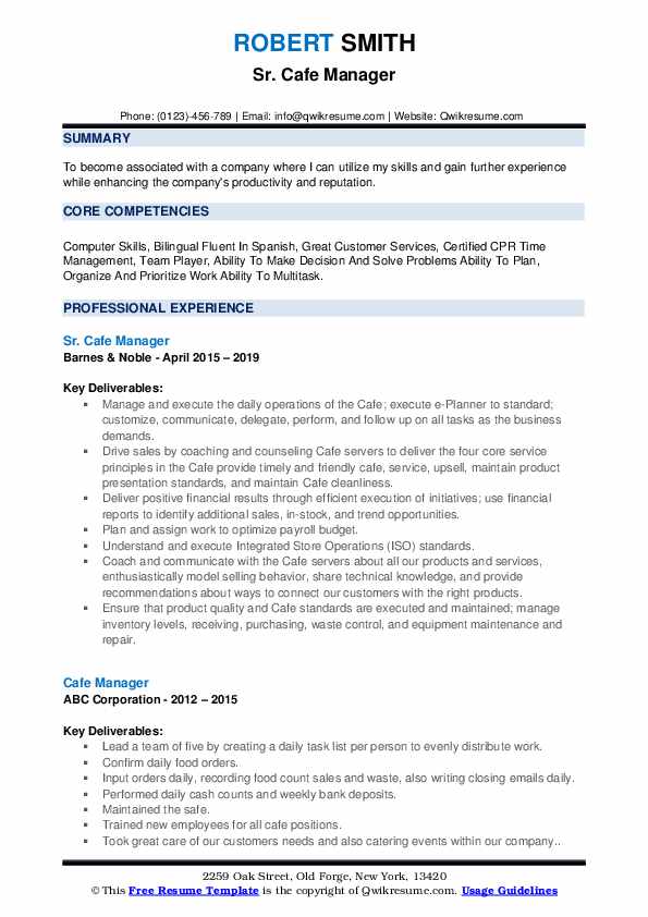 Cafe Manager Resume Samples QwikResume