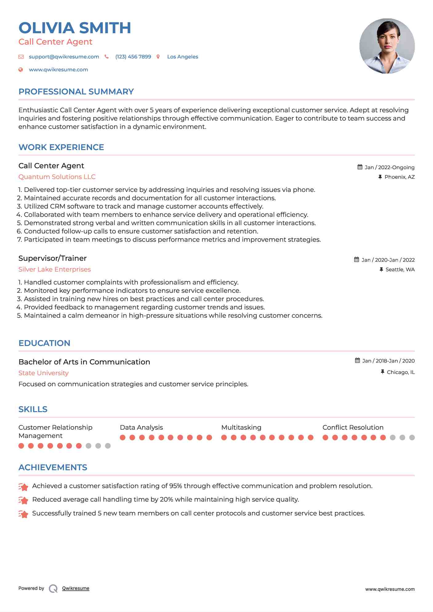 Resume Examples For Call Center Agents