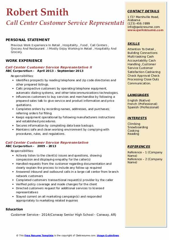 Sample Resume For Customer Service Representative Call Center 