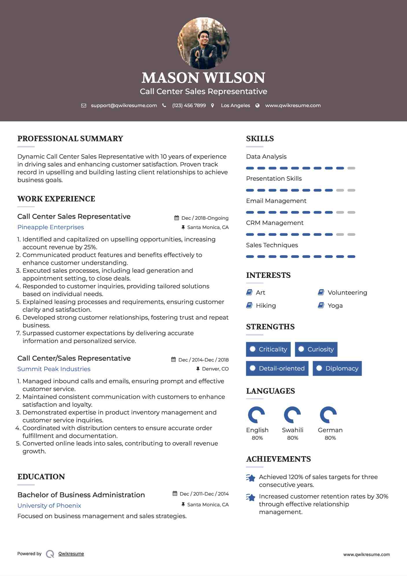 Call Center Sales Representative Resume Samples QwikResume