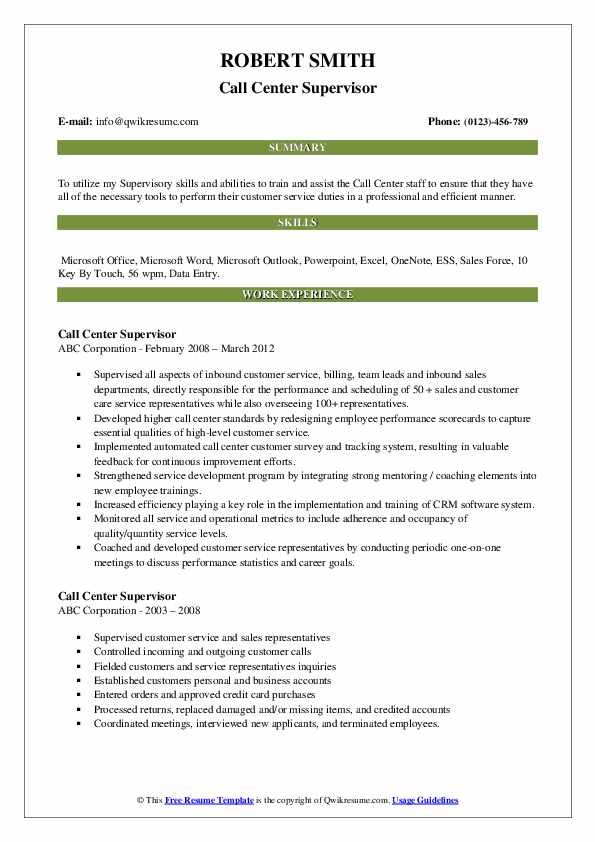 Call Center Supervisor Resume Samples | QwikResume