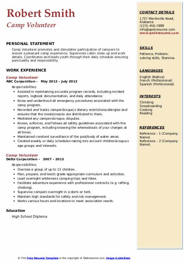 Camp Volunteer Resume Samples | QwikResume