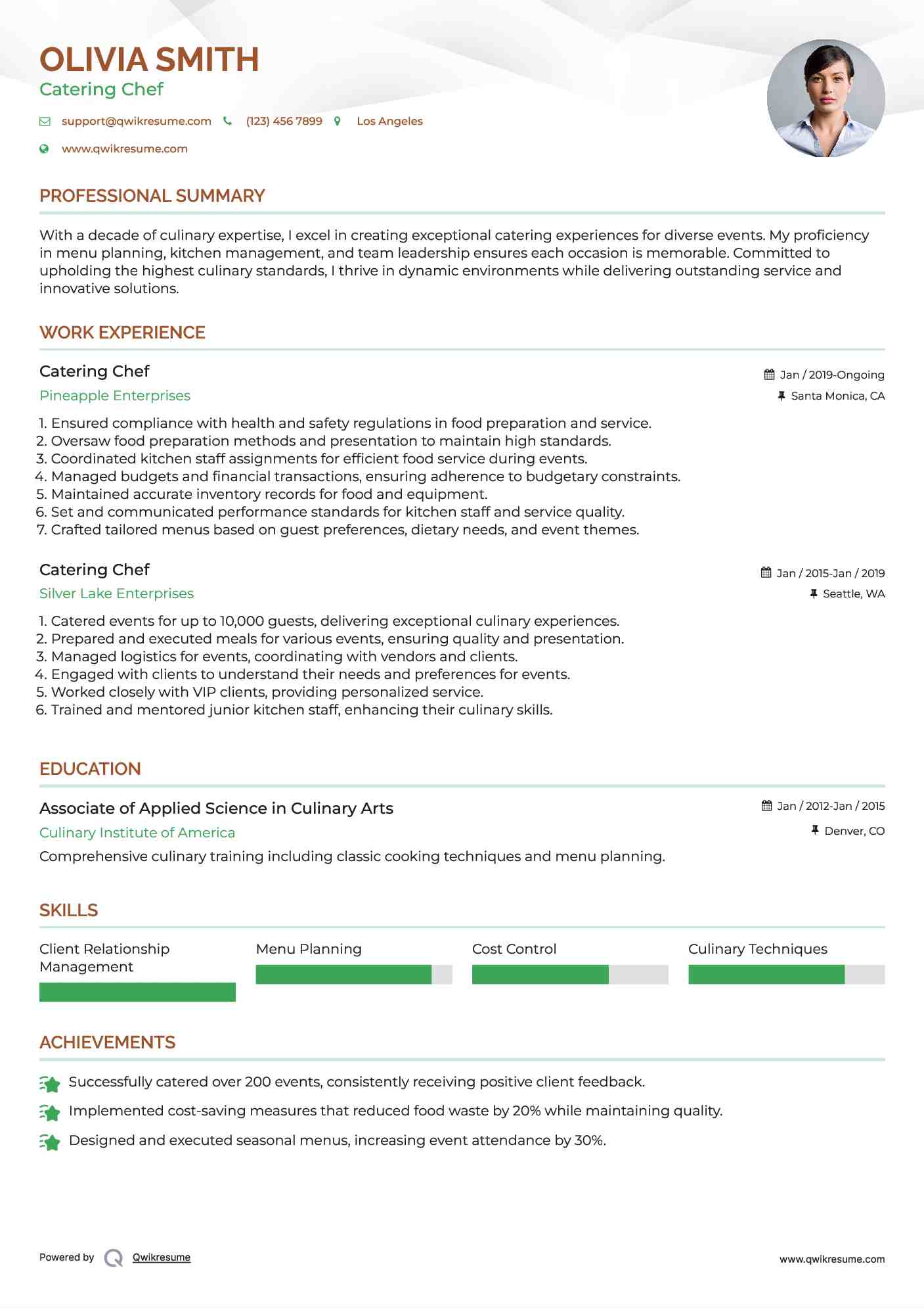 Catering Chef Resume Samples QwikResume