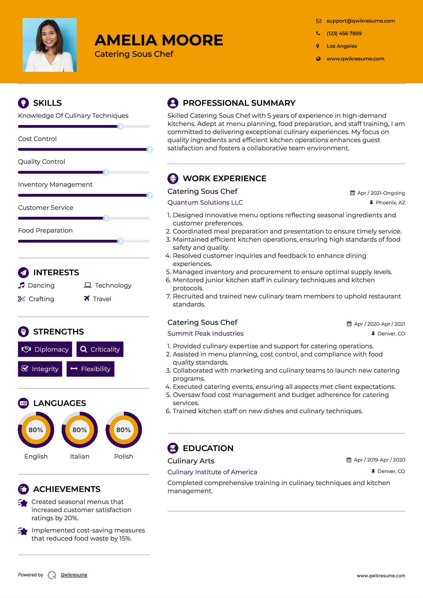 Catering Sous Chef Resume Samples QwikResume