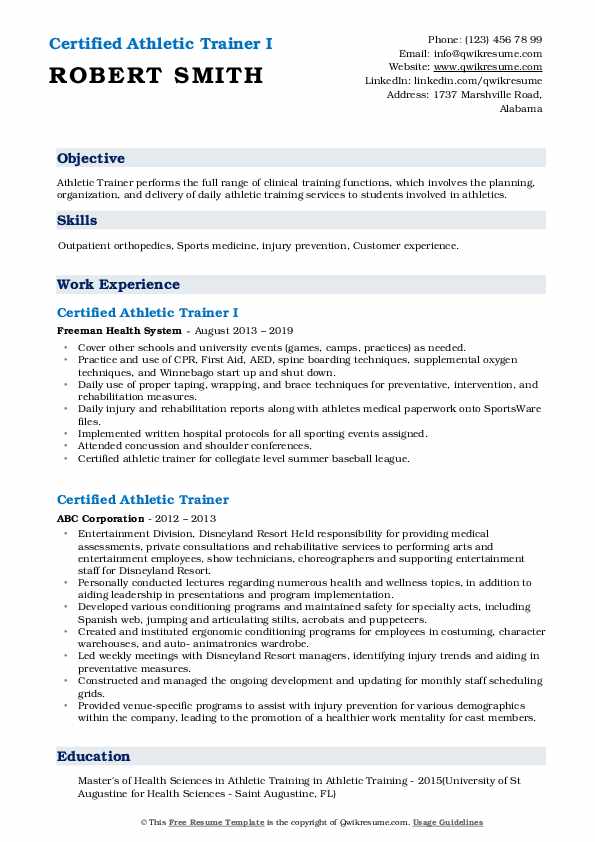 Certified Athletic Trainer Resume Samples | QwikResume