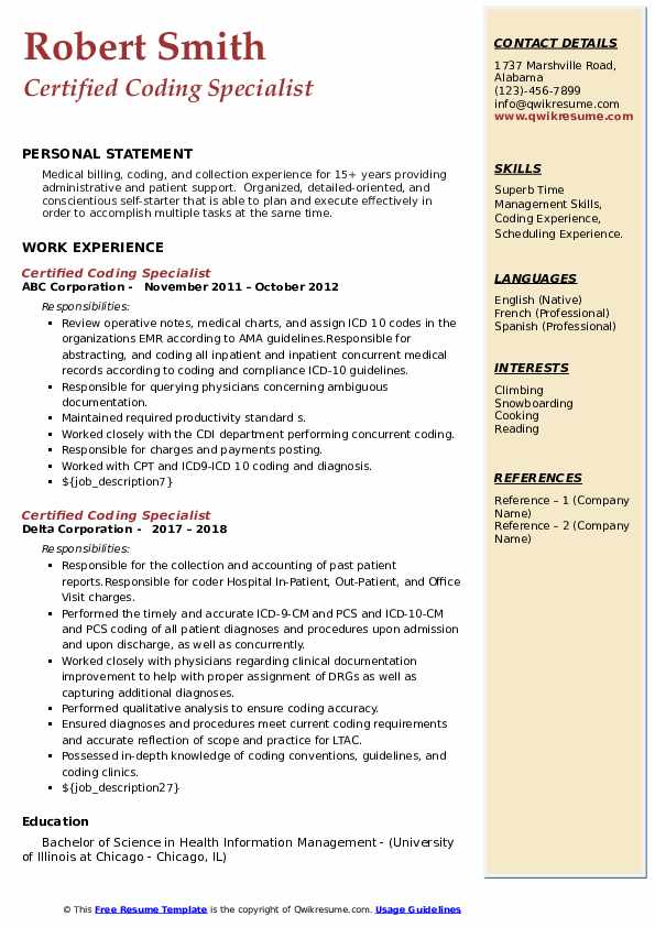 Certified Coding Specialist Resume Samples QwikResume