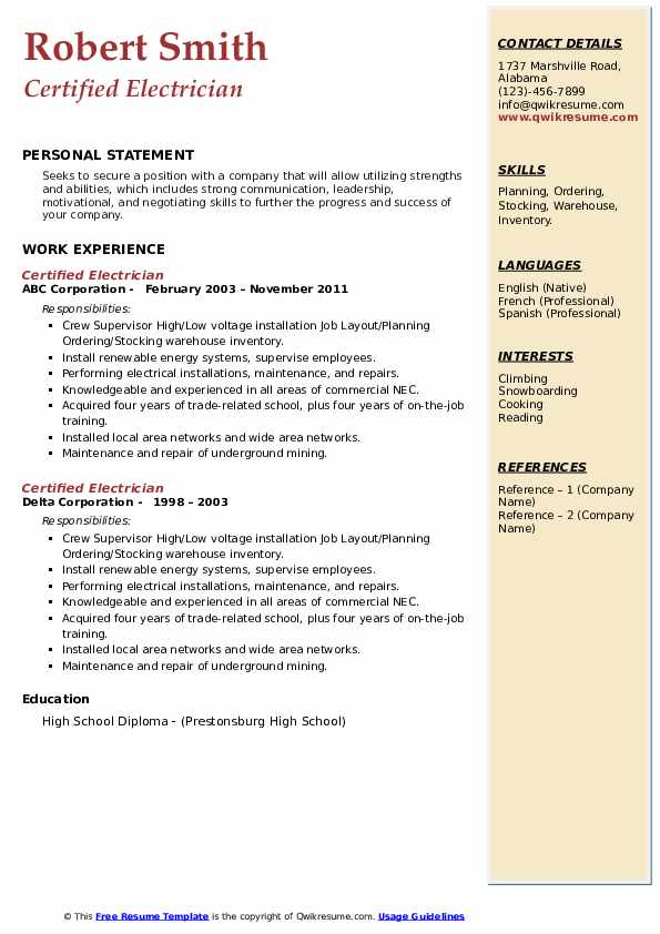Certified Electrician Resume Samples | QwikResume