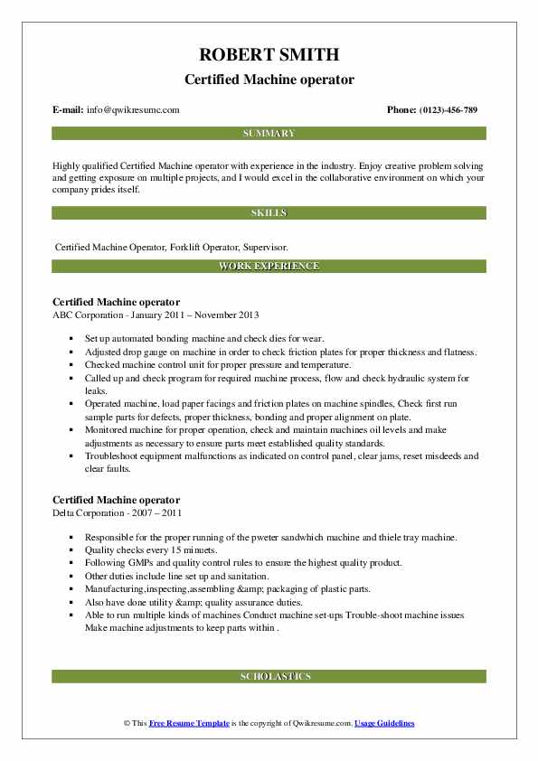 Machine Operator Resume Samples | QwikResume