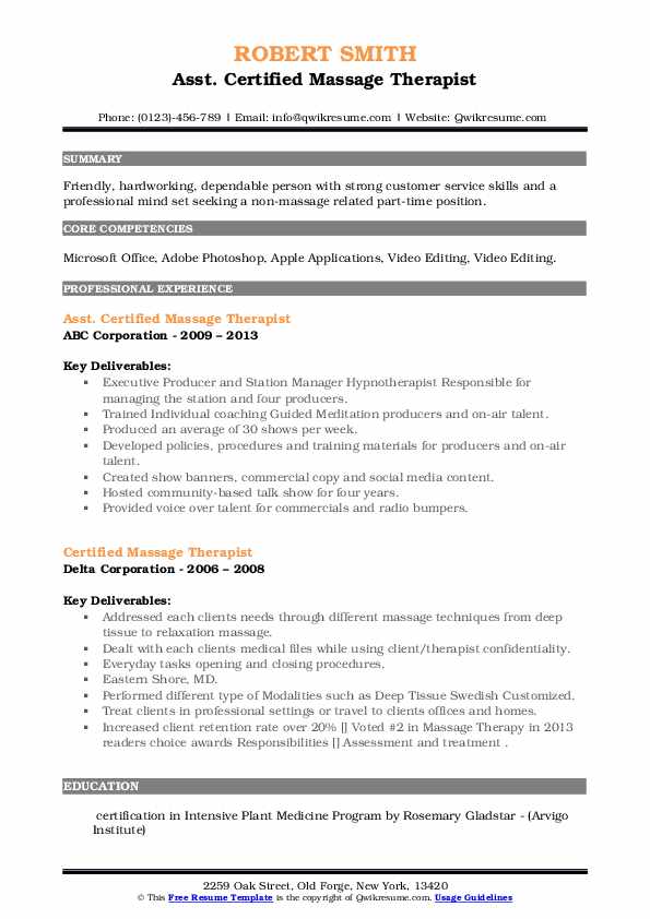 Certified Massage Therapist Resume Samples Qwikresume