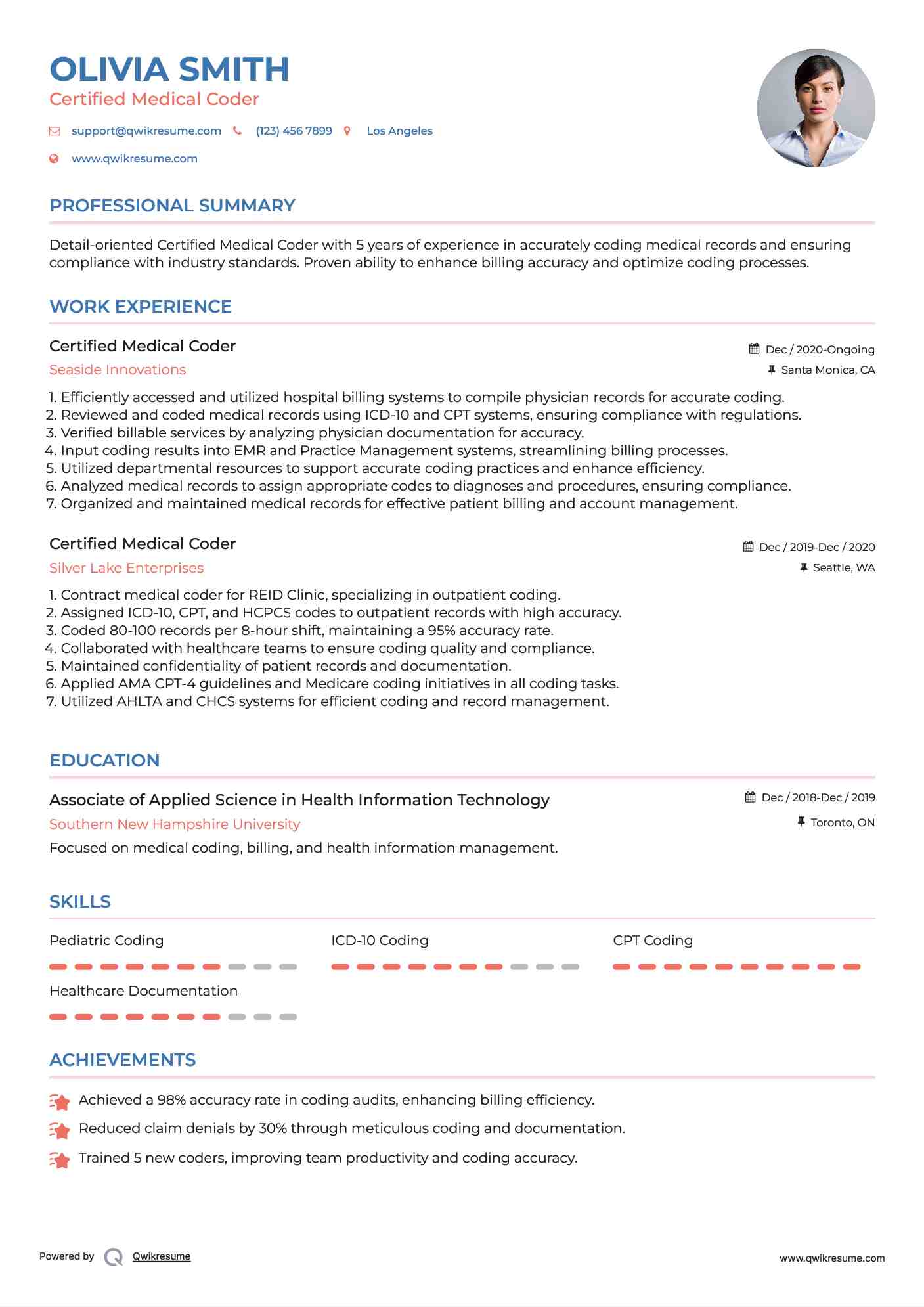 Certified Medical Coder Resume Samples QwikResume