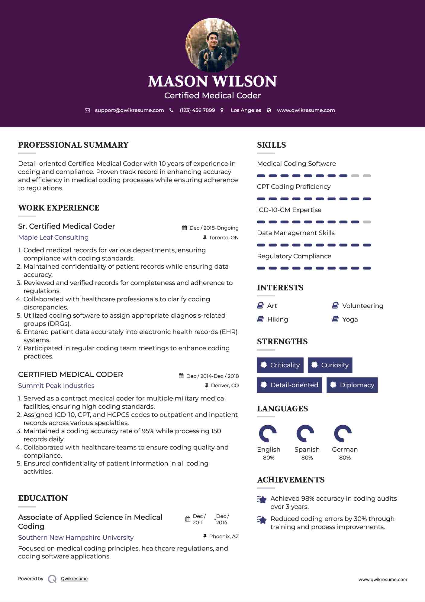 Certified Medical Coder Resume Samples QwikResume