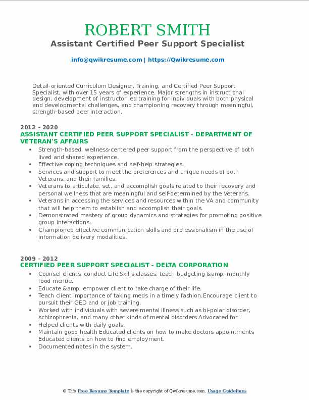 Certified Peer Support Specialist Resume Samples QwikResume