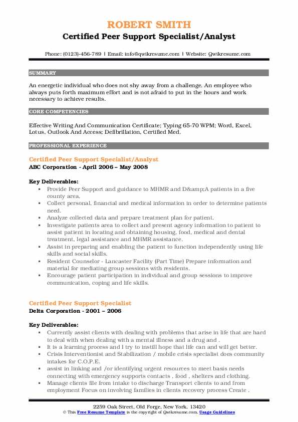Peer Support Specialist Resume