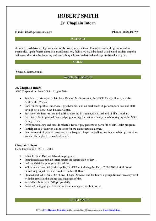 Chaplain Intern Resume Samples | QwikResume