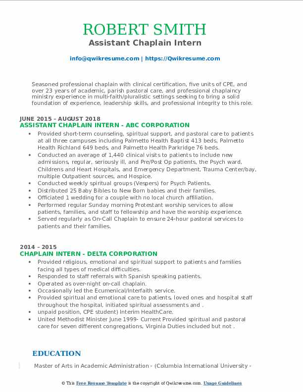 Chaplain Intern Resume Samples | QwikResume