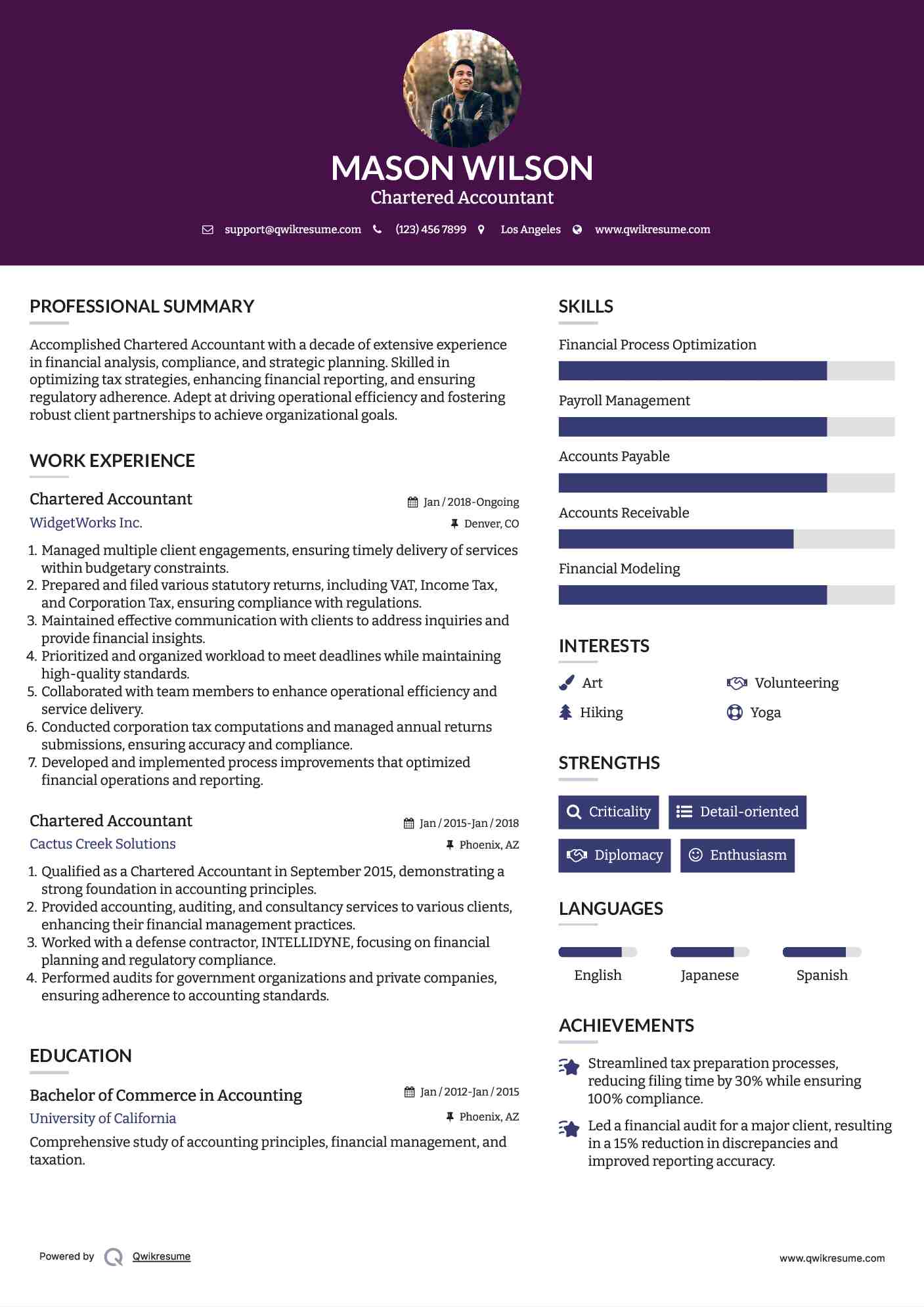 Chartered Accountant Resume Samples QwikResume