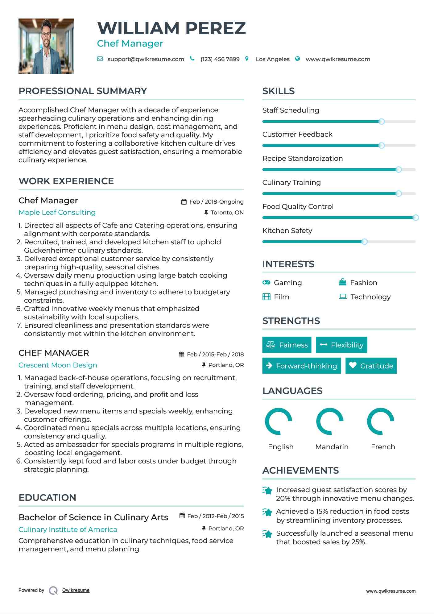 Chef Manager Resume Samples QwikResume