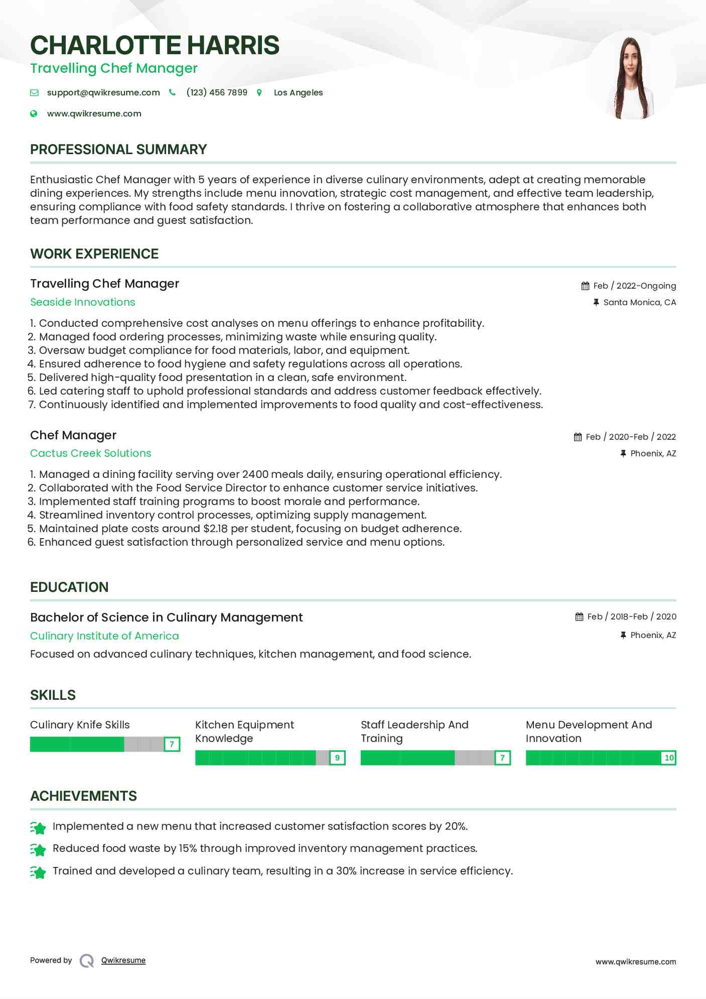 Chef Manager Resume Samples QwikResume
