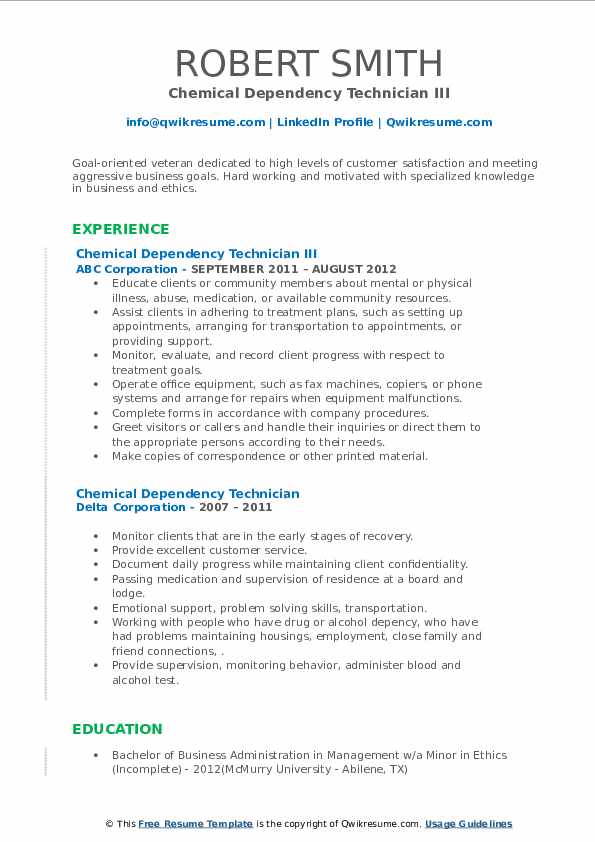Chemical Dependency Technician Resume Samples | QwikResume