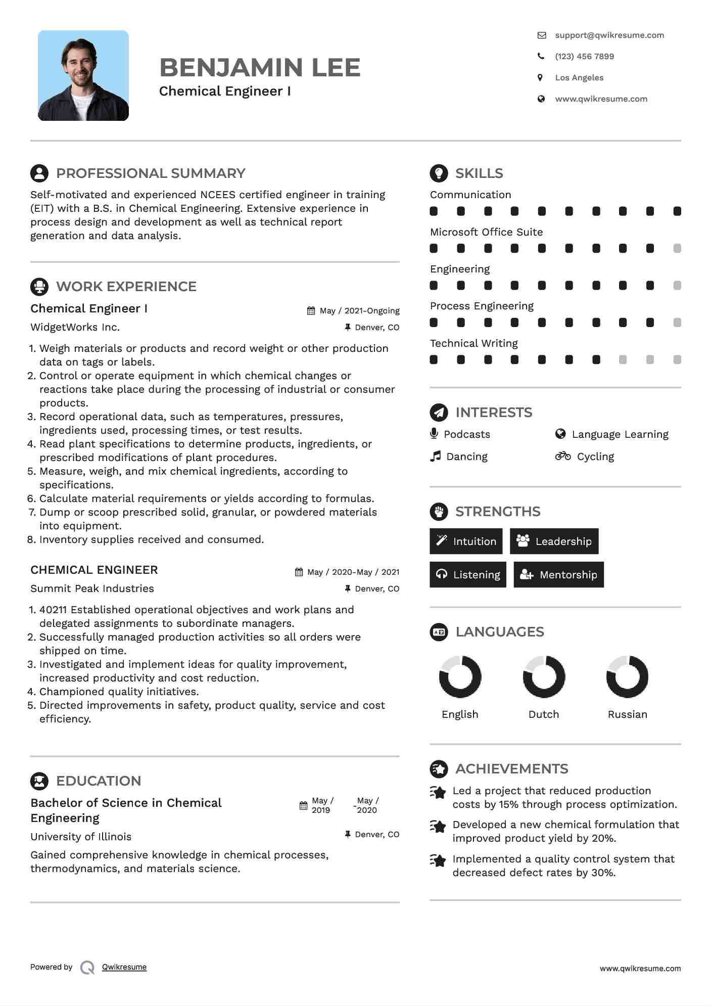 Chemical Engineer Resume Samples QwikResume