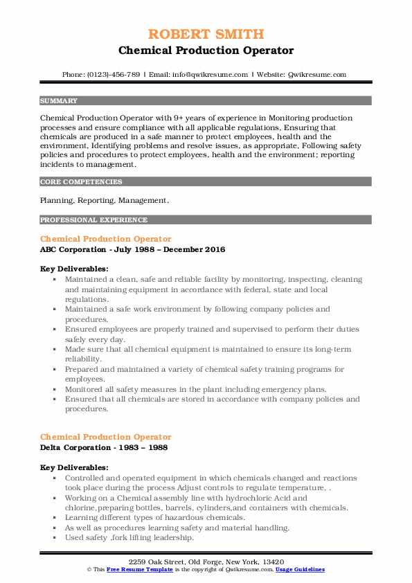 Chemical Production Operator Resume Samples | QwikResume