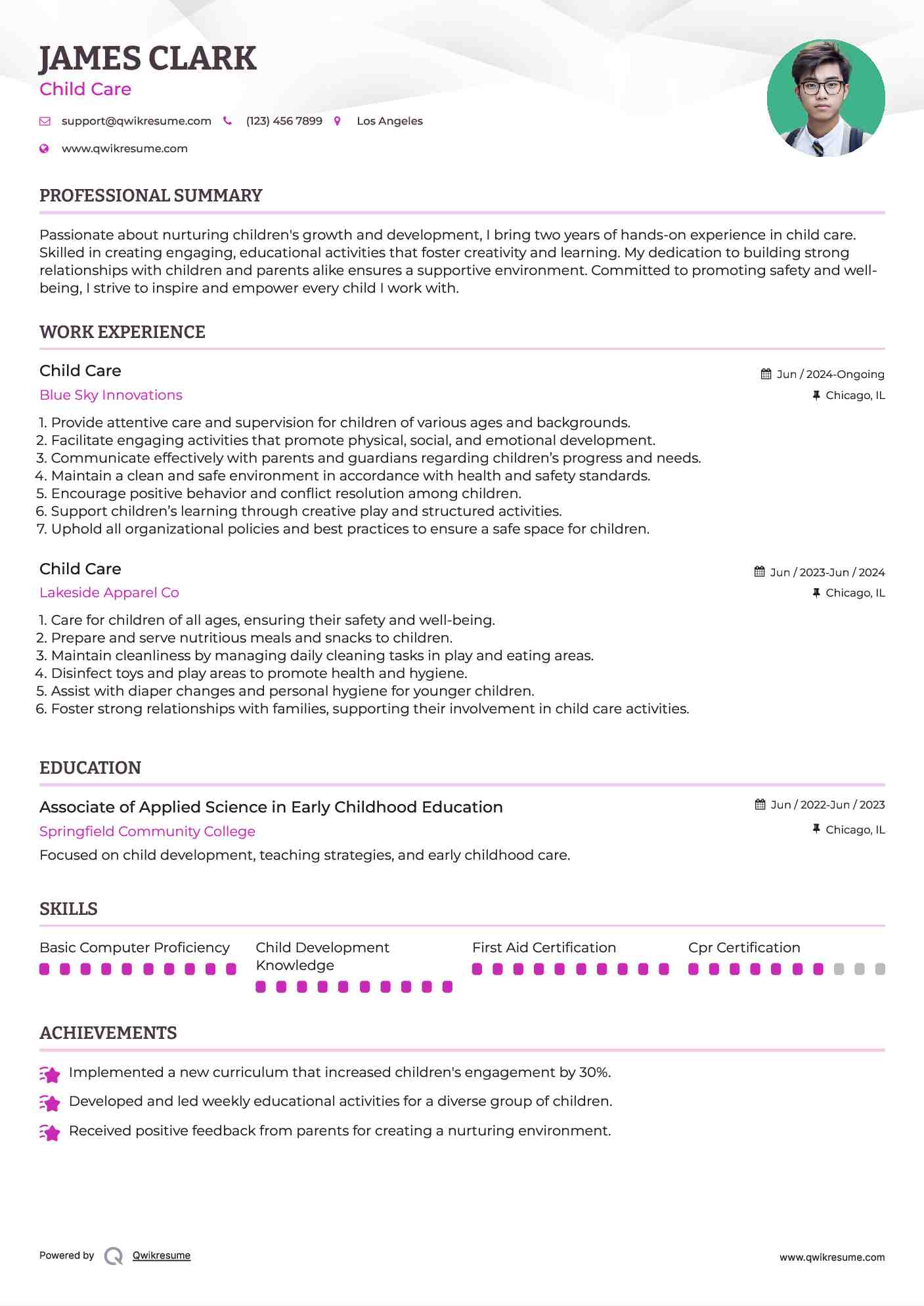 Child Care Resume Samples QwikResume
