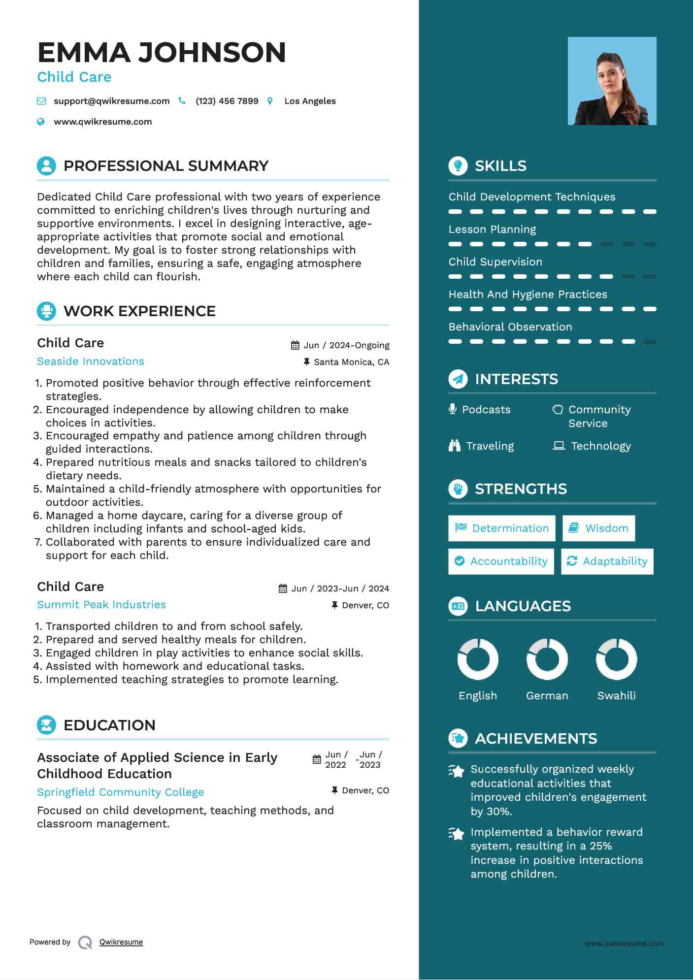 Child Care Resume Samples QwikResume