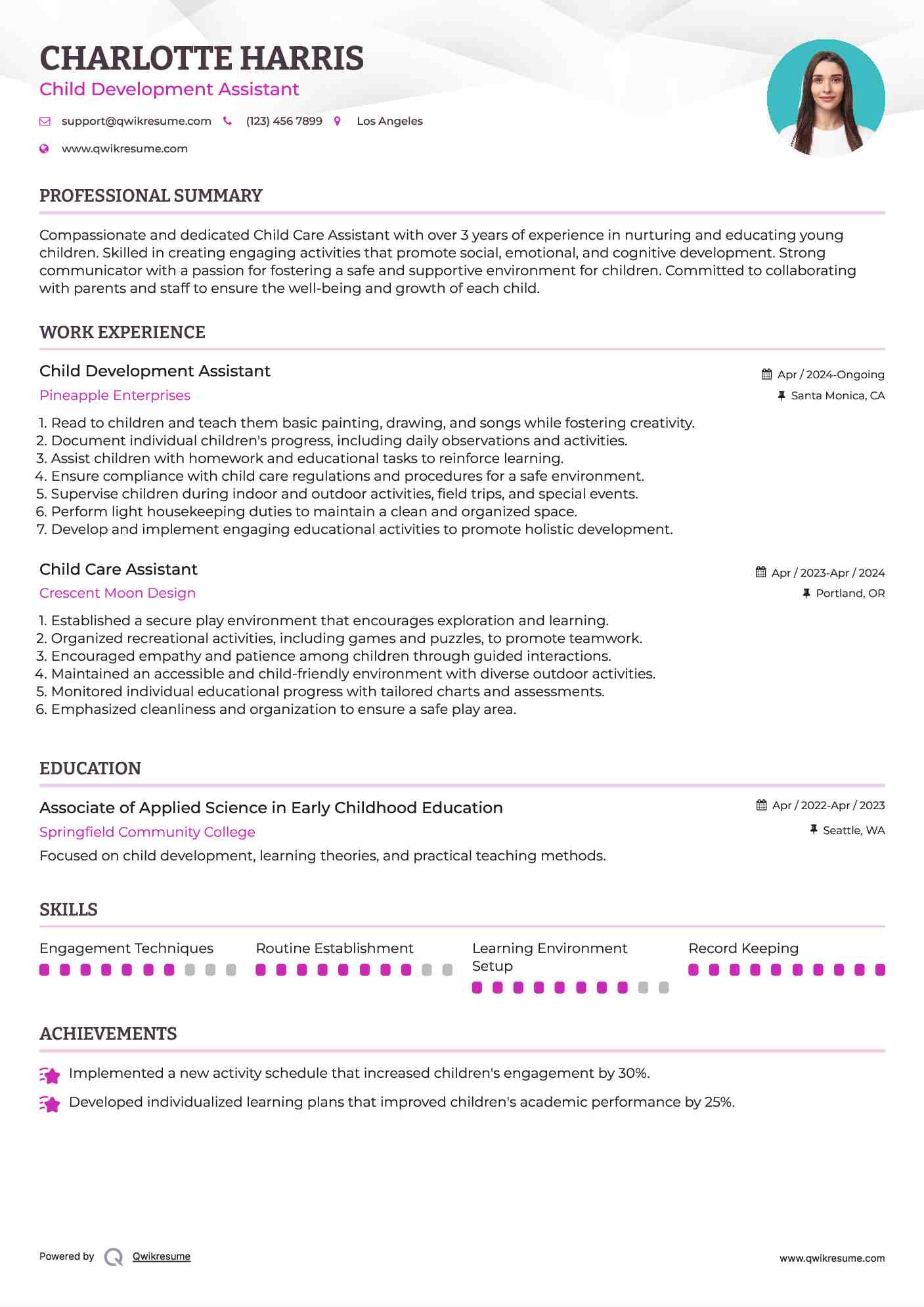 Child Care Assistant Resume Samples QwikResume