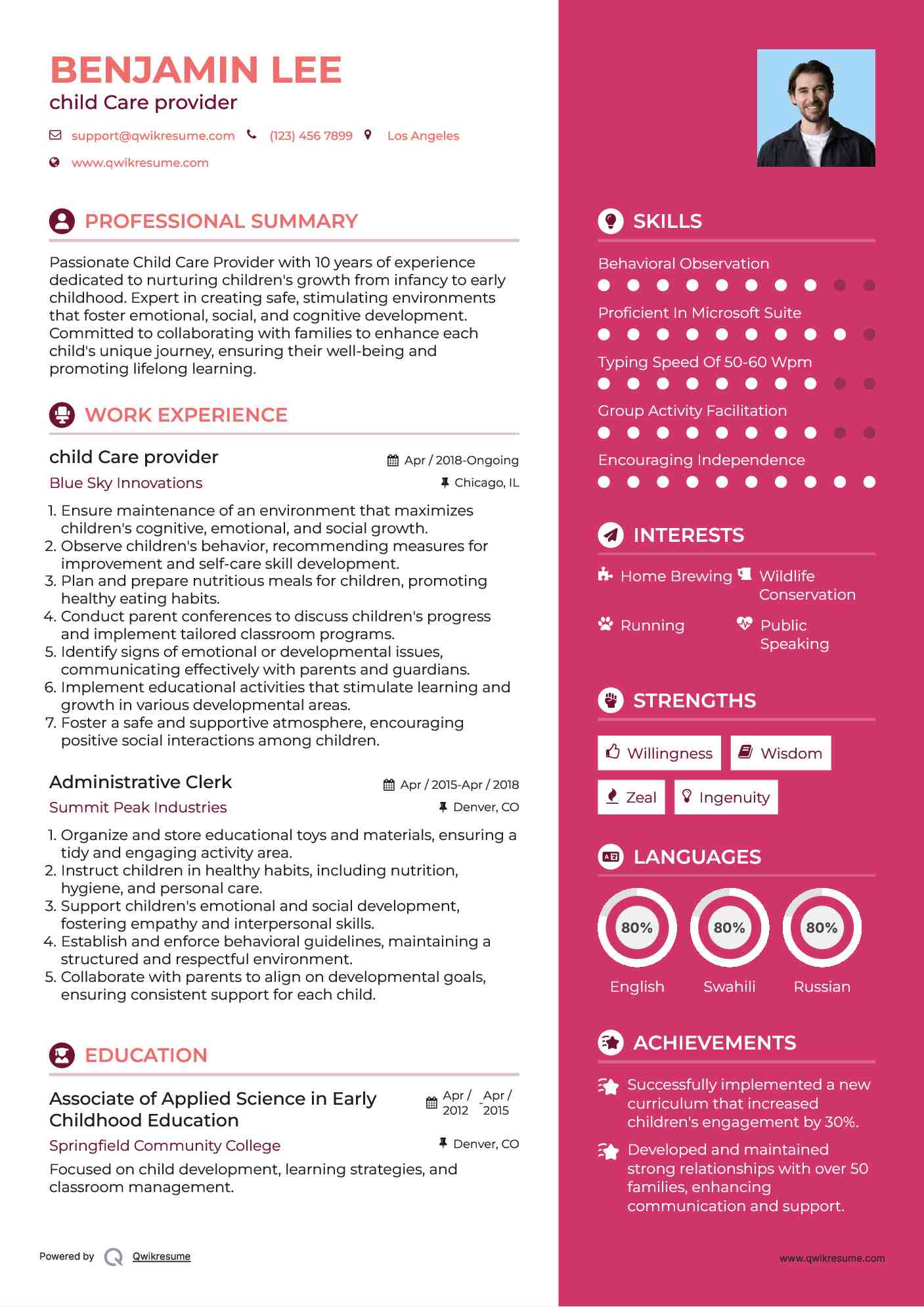 Child Care Provider Resume Samples QwikResume