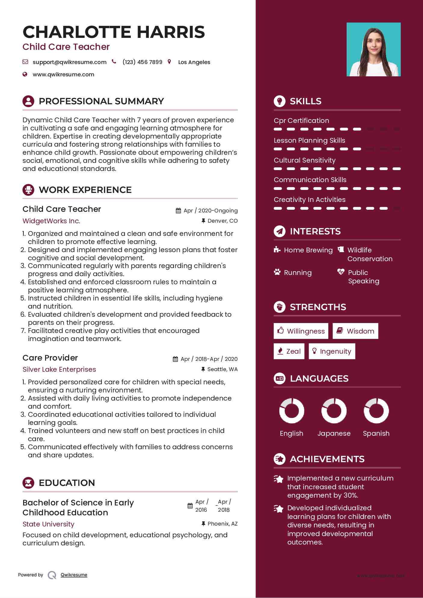 Child Care Teacher Resume Samples QwikResume